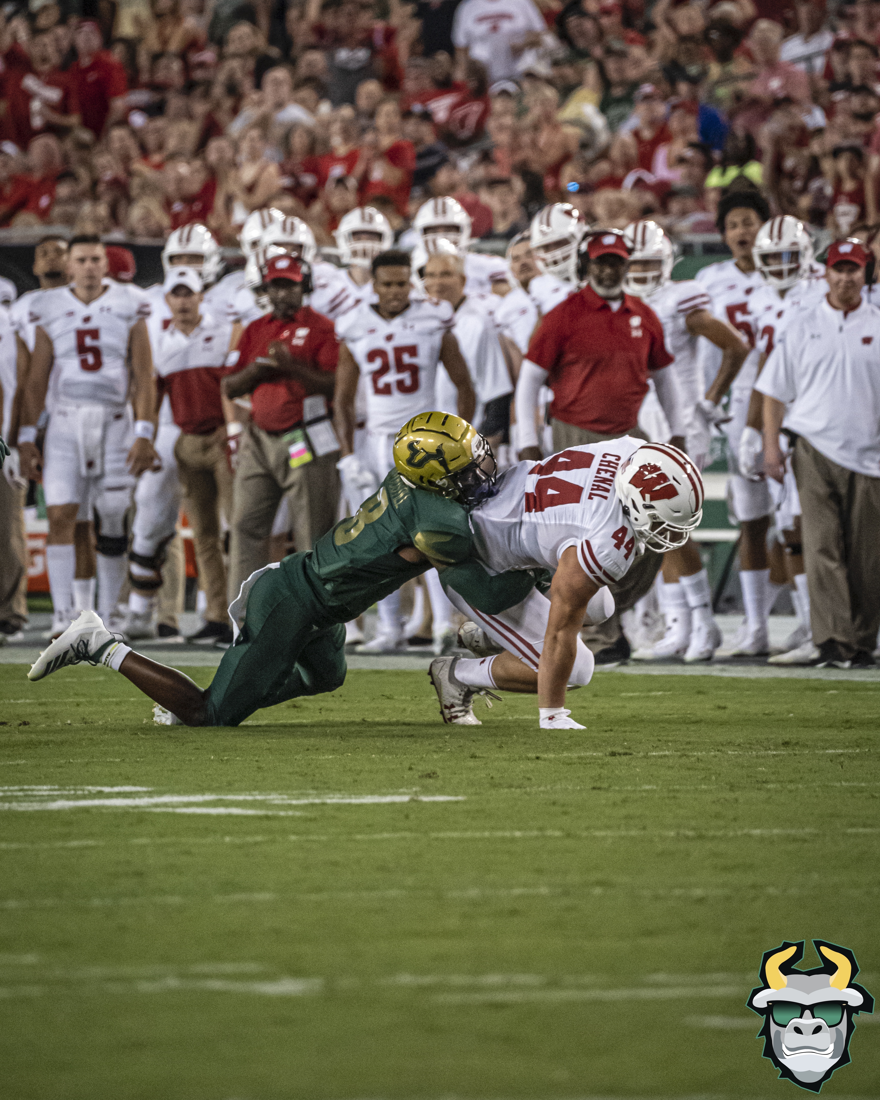 51 – Wisconsin vs USF 2019 – USF DB Devin Studstill tackles John Chenal ...