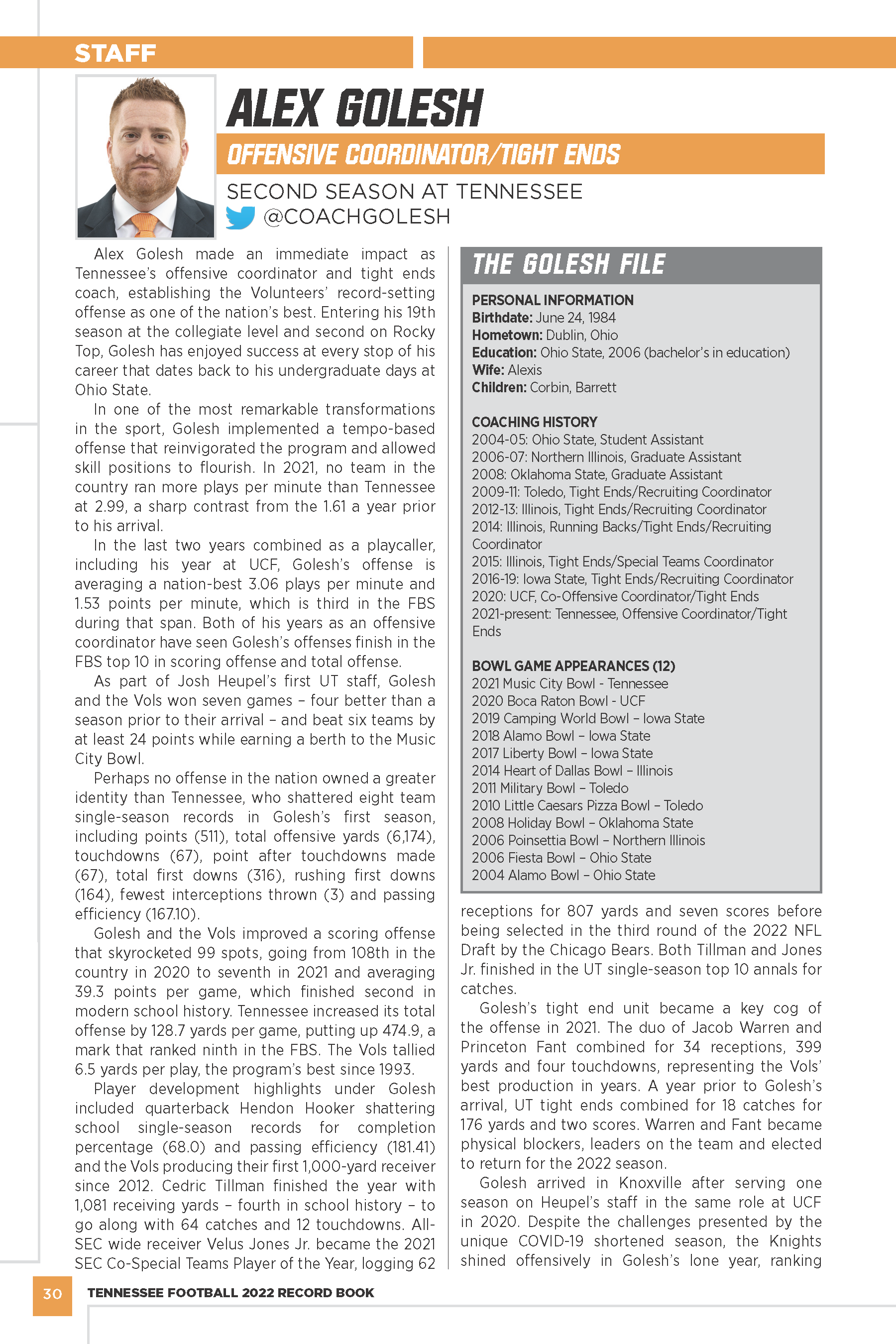 2022 Tennessee Volunteer Football Staff Bios – Alex Golesh Page 1