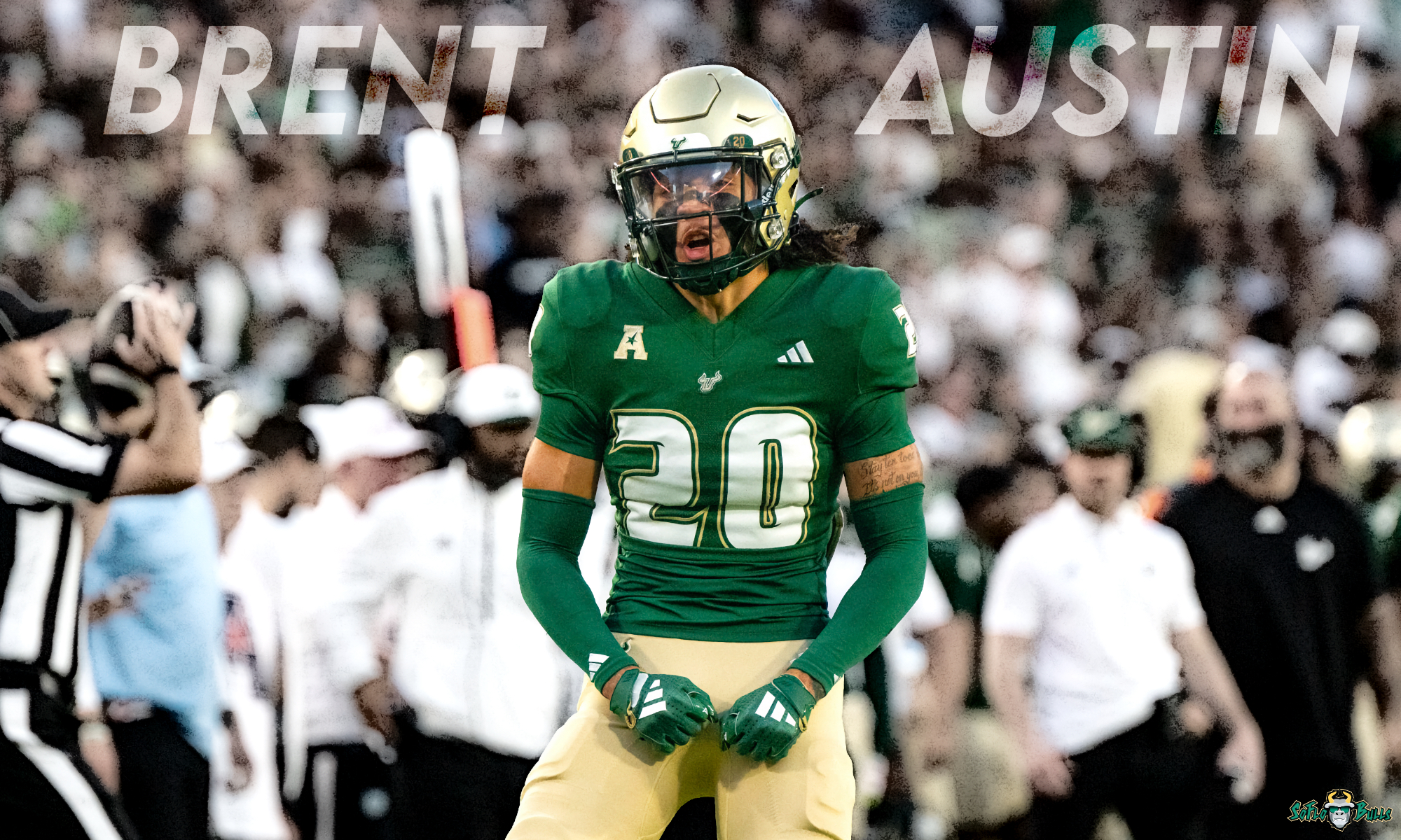 USF CB Brent Austin vs. No 8 Miami 2024 Nameplate Edit FI Logo
